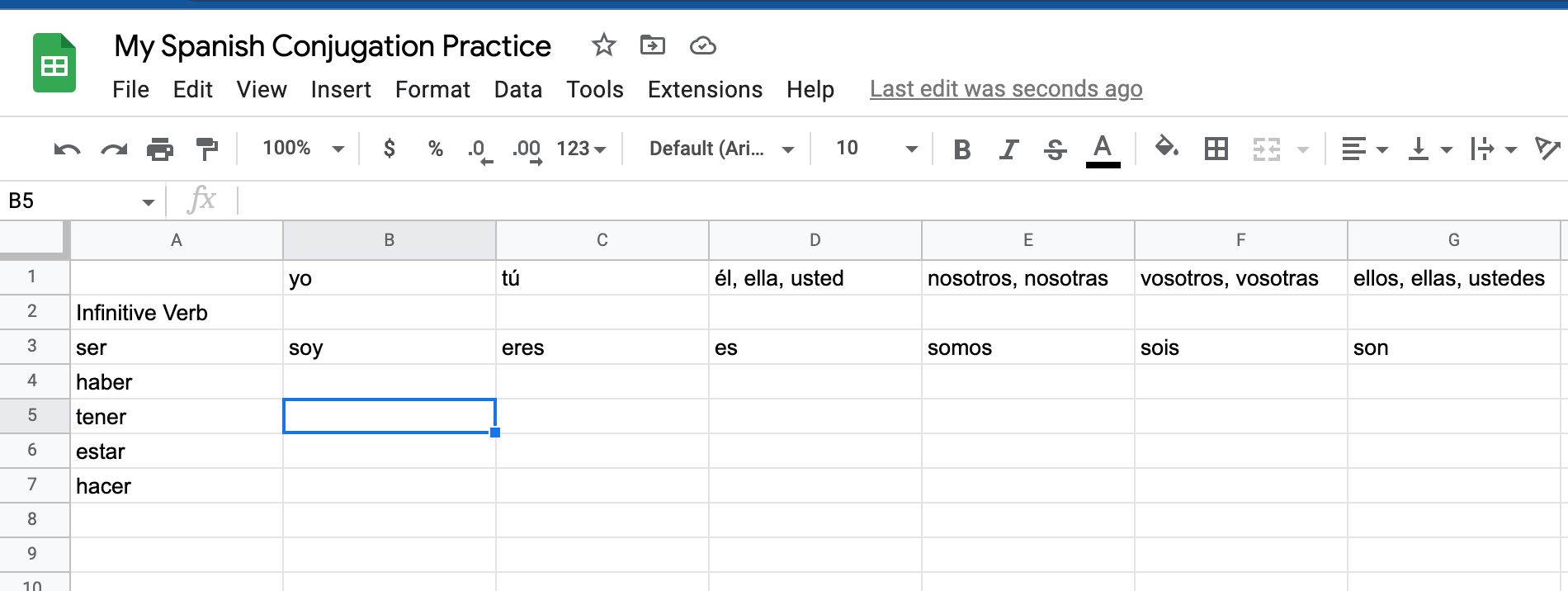 How to Create a Spanish Conjugation Spreadsheet